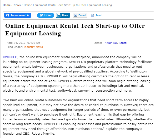 Online Equipment Rental Start-Up, KWIPPED, Announces New Equipment Leasing Program